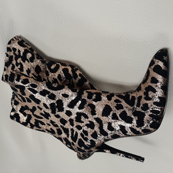 JustFab | Shoes | Shylan Leopard Print Stiletto Bootie Metallic Gold ...